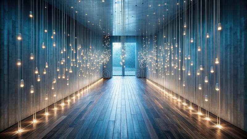 Illuminated Pathway a Serene Interior Space Featuring Hanging Lights ...