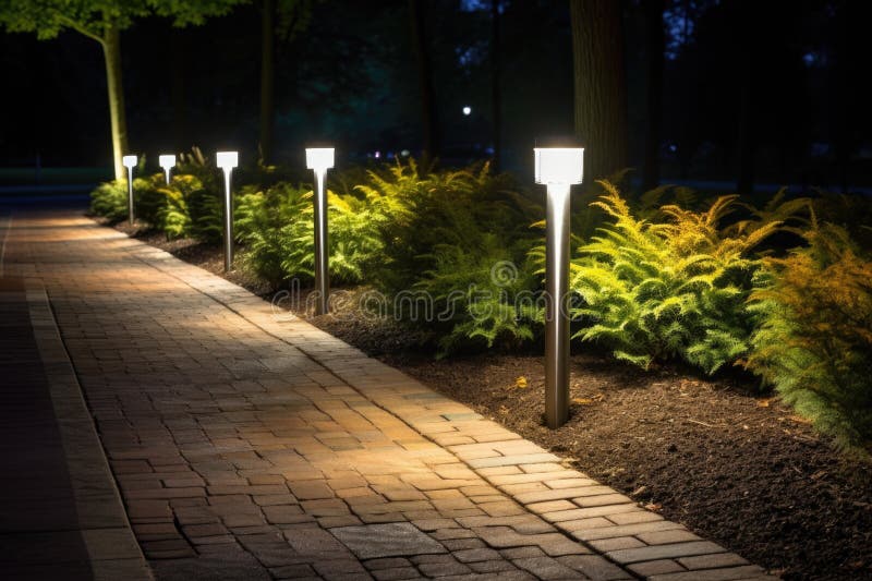 An Illuminated Pathway with Solar Stake Lights at Night Stock Image ...