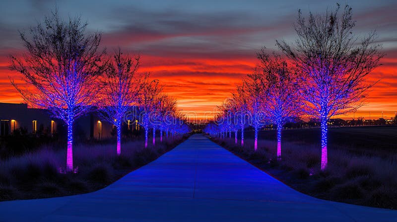 Illuminated Pathway at Sunset with Vibrant Trees Stock Illustration ...
