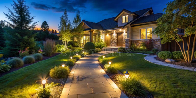 Illuminated Pathway To a Dream Home, Landscape Design, Evening Lighting ...
