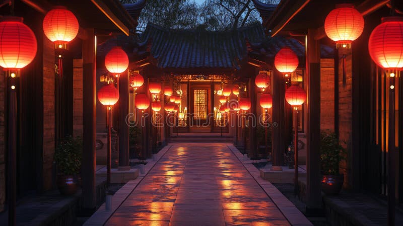 Illuminated Pathway through a Traditional Chinese Courtyard with Red ...