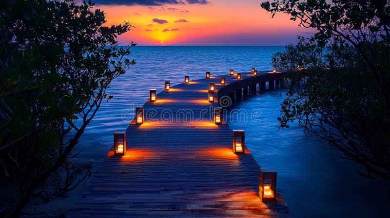 Illuminated Pathway Winds through Tranquil Setting Filled Trees and ...