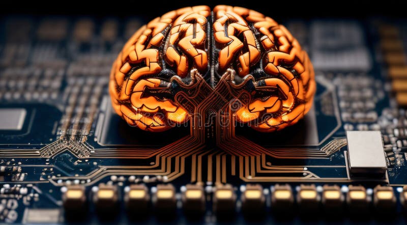 Circuit Board with a Glowing Orange Brain, Electronic Brain. Generative ...
