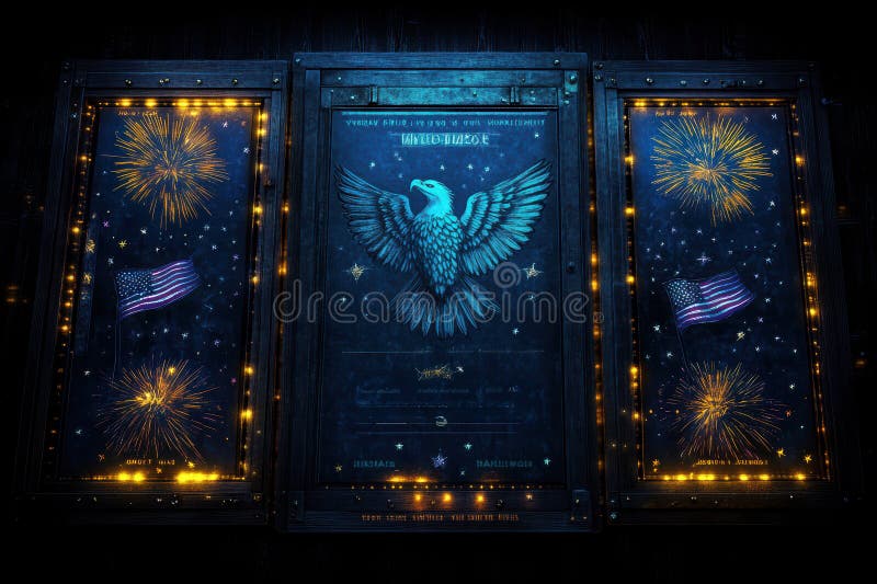Illuminated Patriotic Display with Bald Eagle and Fireworks Stock ...