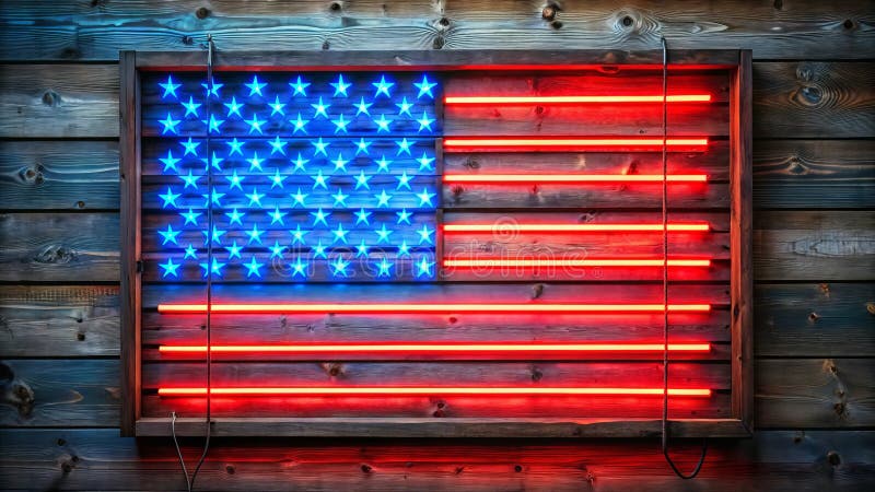 Illuminated Patriotism a Neon Flag on Rustic Wood. Generative AI Stock ...