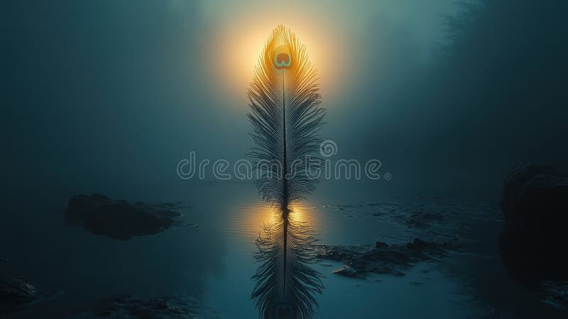Illuminated Peacock Feather in Misty Moonlight Stock Photo - Image of ...