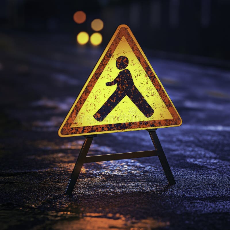 Illuminated Pedestrian Crossing Sign on Wet Street, Blurred Traffic ...