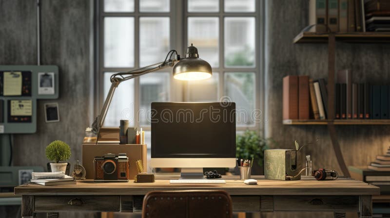 Illuminated Pendant Light Over Desk with Computer at Home Stock Image ...