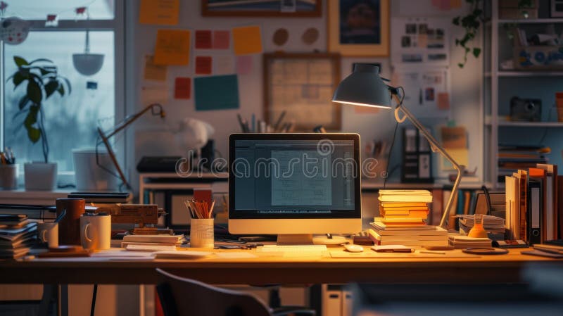 Illuminated Pendant Light Over Desk with Computer at Home Stock Photo ...