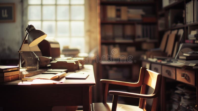 Illuminated Pendant Light Over Desk with Computer at Home Stock Photo ...