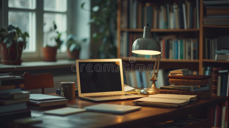 Illuminated Pendant Light Over Desk with Computer at Home Stock Image ...