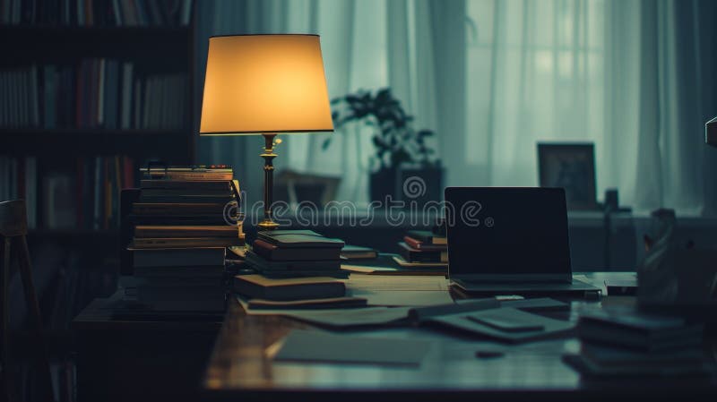 Illuminated Pendant Light Over Desk with Computer at Home Stock Photo ...
