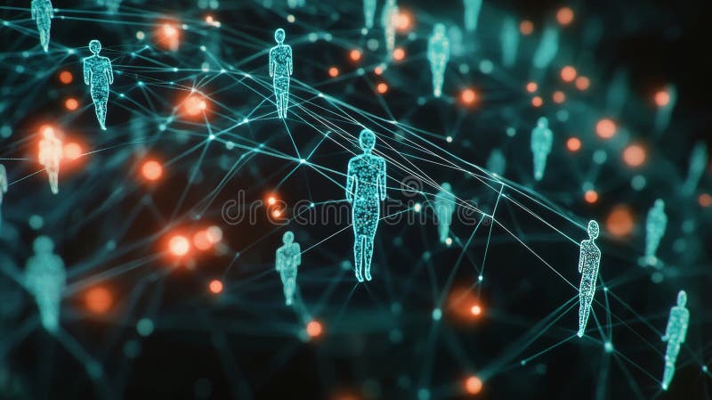 Illuminated People Icons Linked by Lines on Dark Background ...