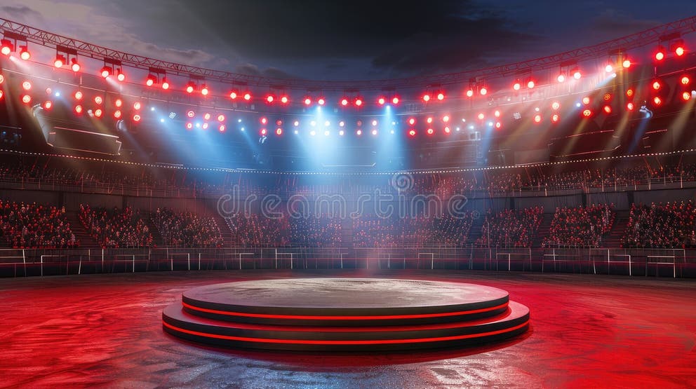 Illuminated Performance: Vibrant Red and Blue Lights on Stadium Stage ...