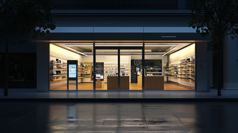Illuminated Pharmacy Storefront at Night with a Clean and Modern Design ...