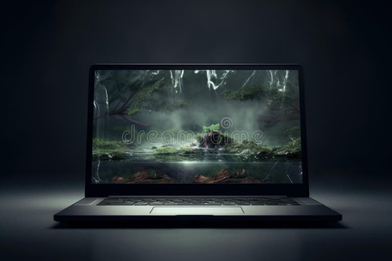 Illuminated Photo of Open Laptop Screen on Black Surface. Generate Ai ...