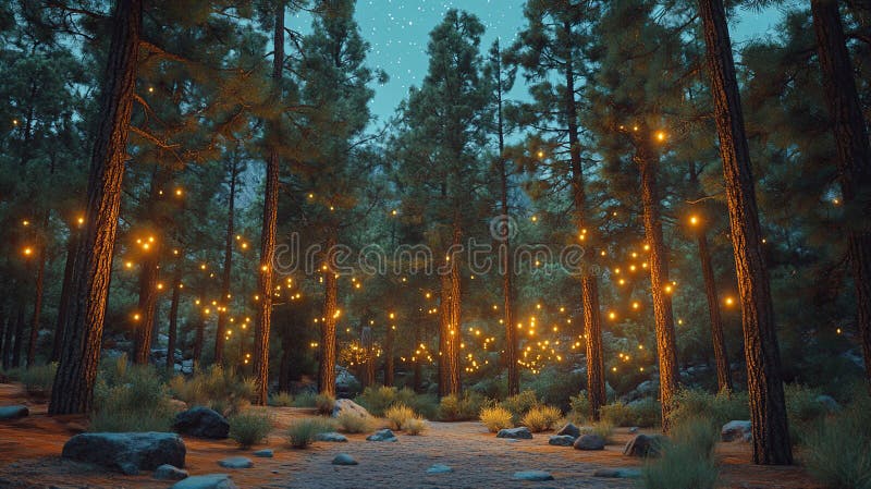 Illuminated Pine Forest Path at Night Stock Illustration - Illustration ...