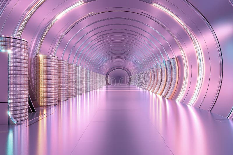 Illuminated Pink Data Storage Tunnel with Futuristic Columns. Sci-Fi ...