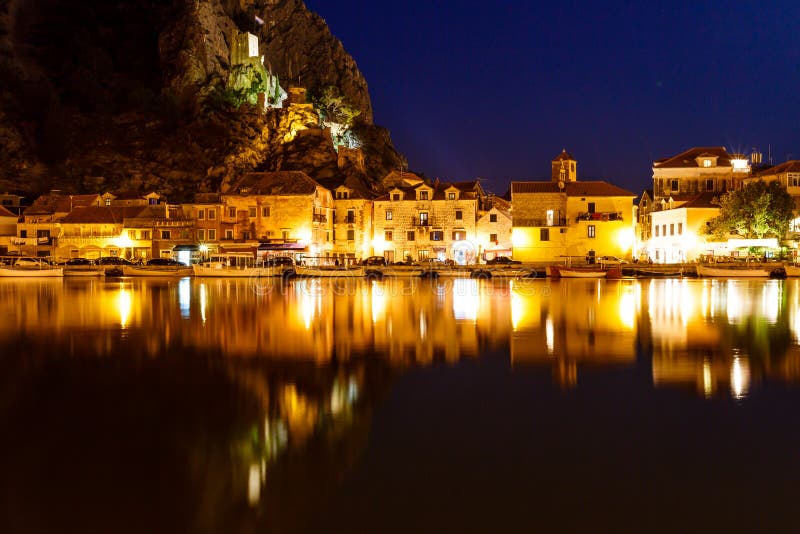 Illuminated Pirate Castle and Town of Omis Stock Photo - Image of ...