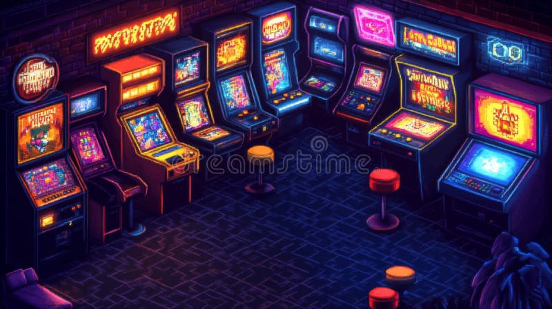 Illuminated Pixelated Retro Arcade Game Room with Red Stools and Dark ...
