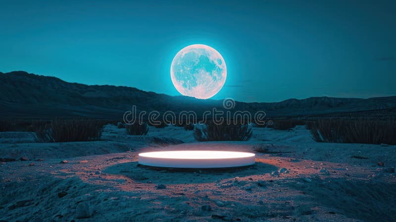 Illuminated Platform in Desert Landscape Under Full Moon Stock ...
