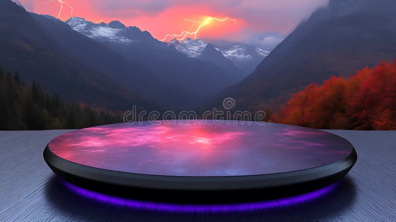 Illuminated Platform before Mountain Sunset Lightning Stock ...