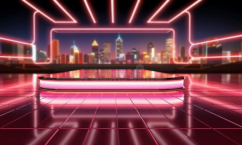 Illuminated Platform with Neon Lights and City Backdrop Stock Footage ...