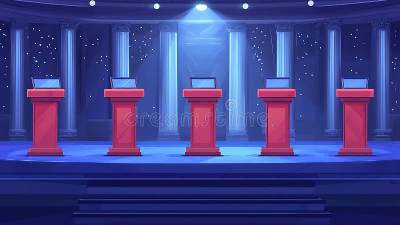 Illuminated Podiums in Grand Hall Stock Image - Image of columns ...