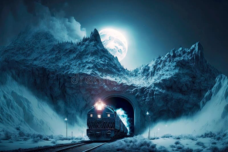 Illuminated Polar Express Train Exits Passage in Rock in Form of Tunnel ...