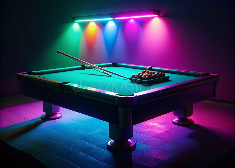 Illuminated Pool Cue and Balls on a Vibrant Neon Billiards Table a ...