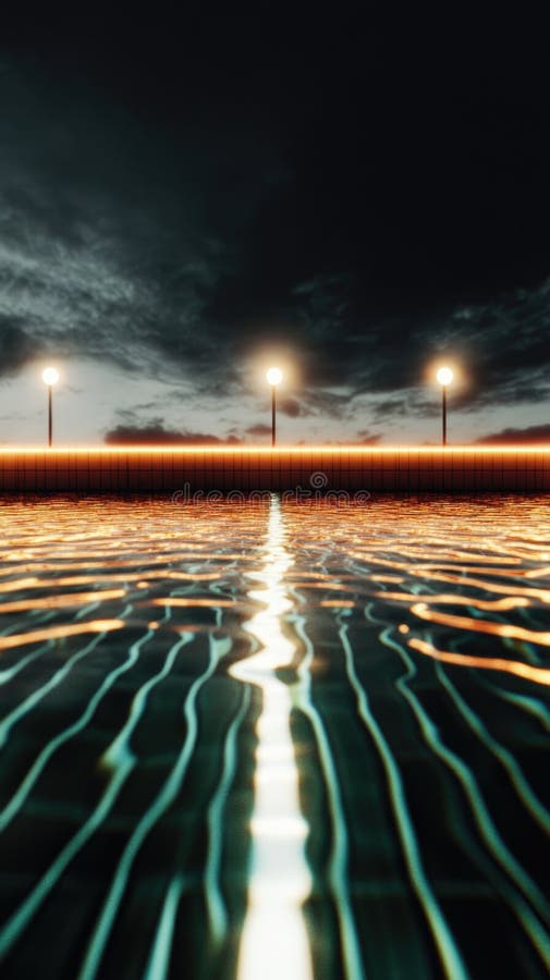 Illuminated Pool at Night with Dramatic Sky and Reflections Stock Photo ...