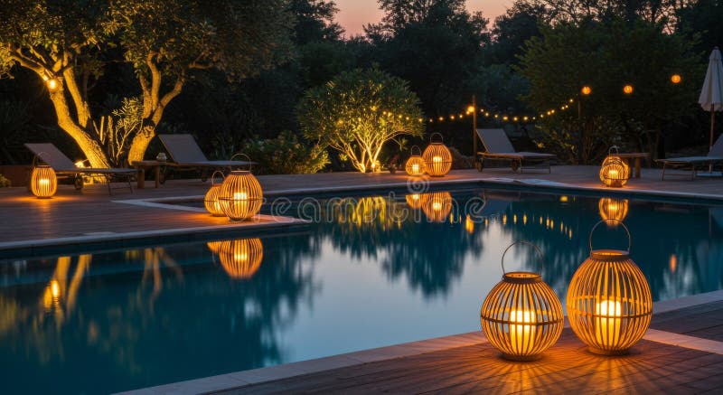 Illuminated Poolside at Night with Lanterns Stock Illustration ...
