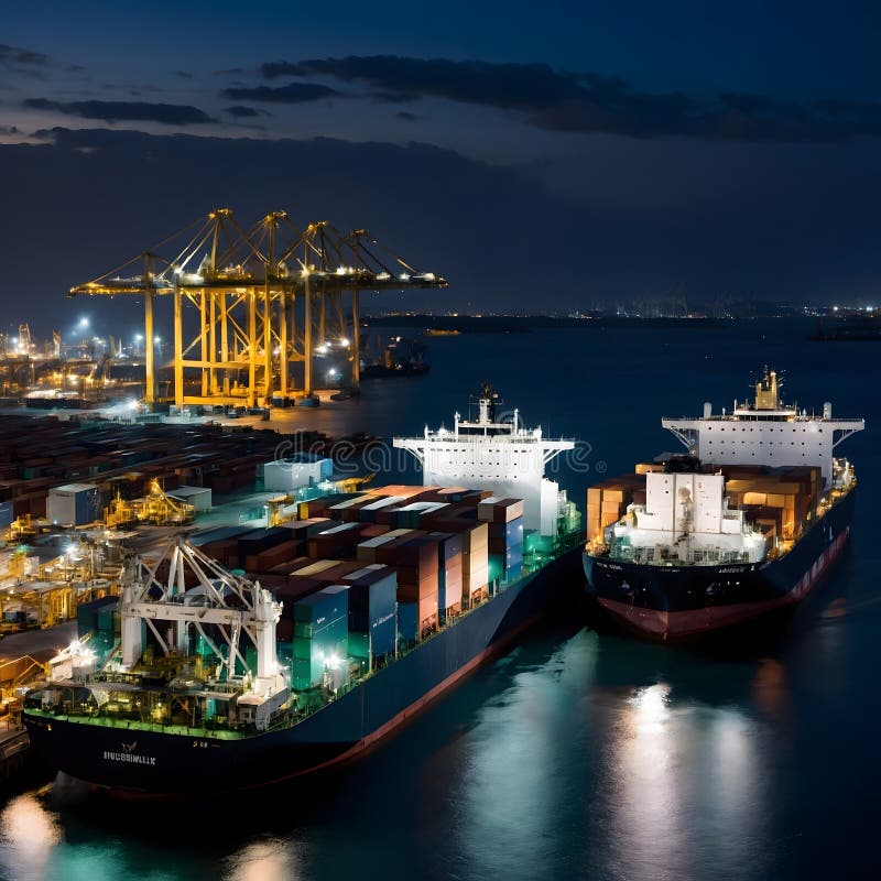 Illuminated Port Night Ships Cargo Operations Vibrant Lighting Stock ...
