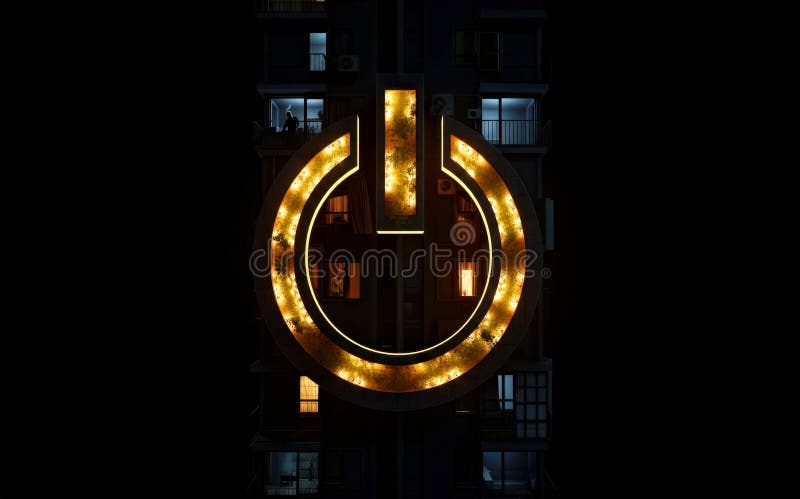Illuminated Power Button Symbol on Dimly Lit Urban Building at Night ...