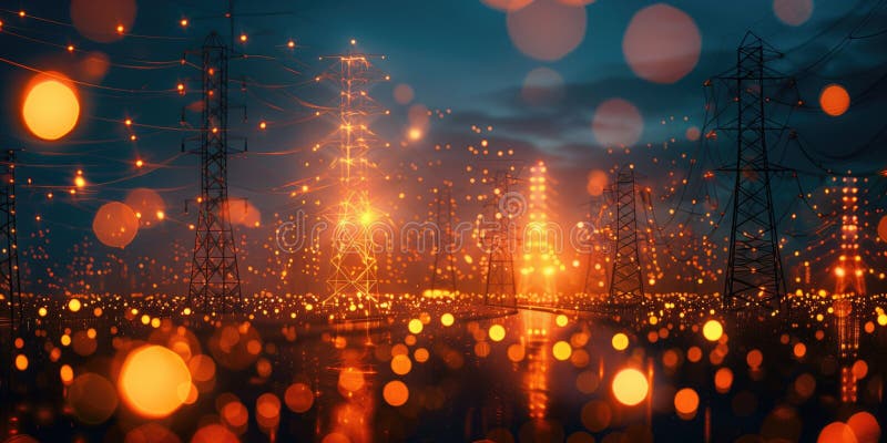 Illuminated Power Lines Against Twilight Sky with Bokeh Lights Stock ...