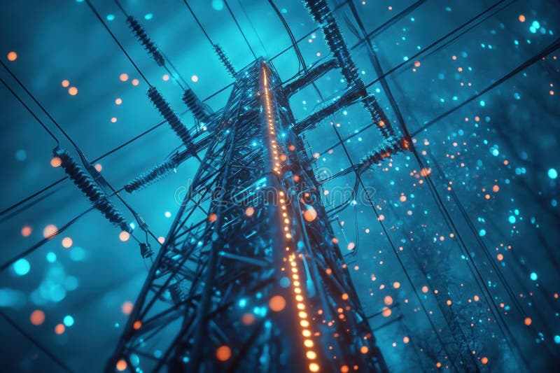 Illuminated Power Lines Towering Against a Backdrop of a Starry Night ...