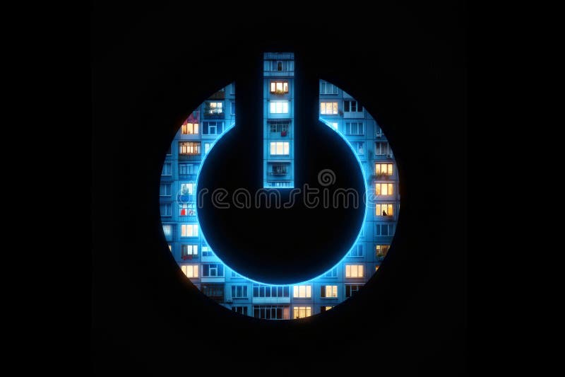 Illuminated Power Symbol Created by Building Windows at Night Stock ...