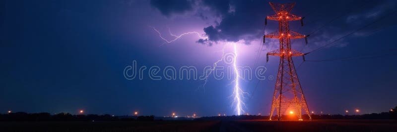 Illuminated Power Tower, Intense Lightning Strike at Night, Vertical ...