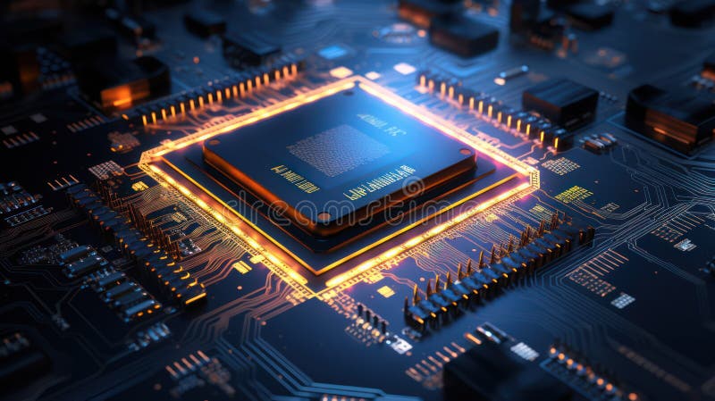 Illuminated Processor on a Computer Motherboard Stock Illustration ...