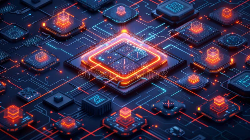 Digital Circuit Board Design Featuring Illuminated Processors and ...