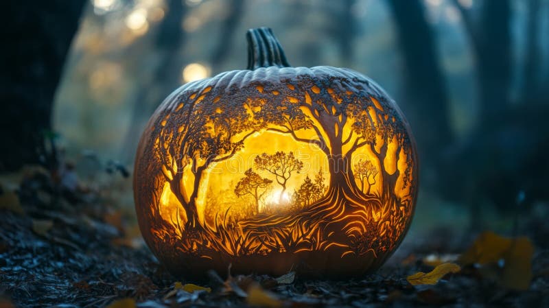 Illuminated Pumpkin Carving Depicting a Forest Scene Stock Illustration ...