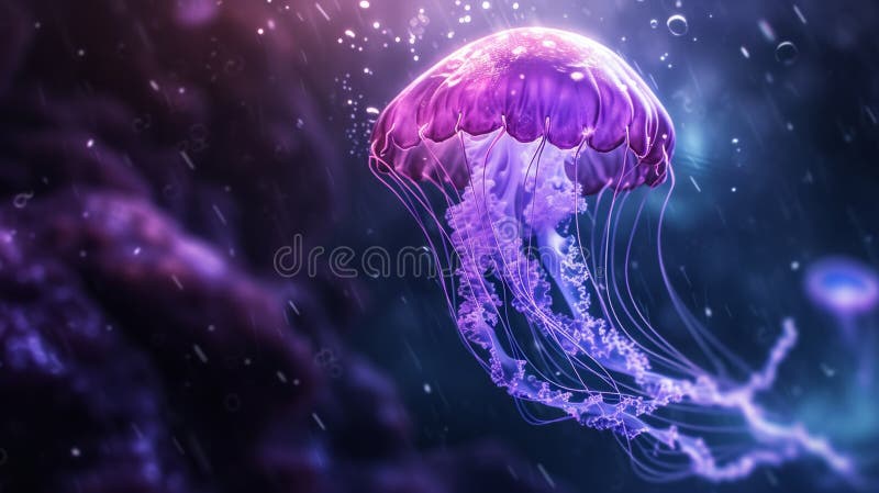 Illuminated Purple Jellyfish in Deep Blue Ocean Stock Image - Image of ...