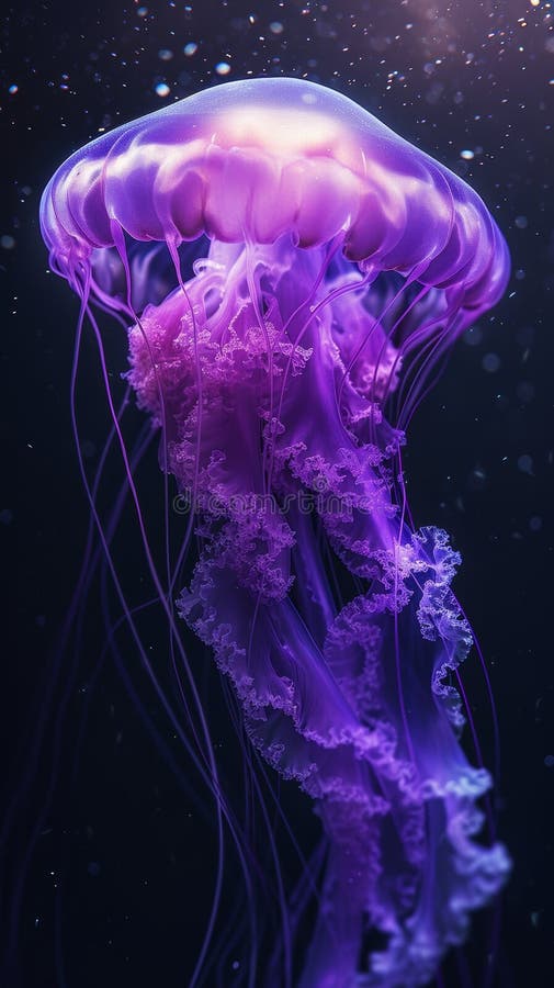 Illuminated Purple Jellyfish in Deep Blue Ocean Stock Photo - Image of ...