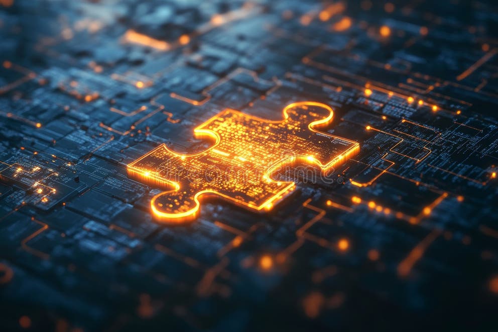 Illuminated Puzzle Piece on Circuit Board Representing Tech Innovation ...