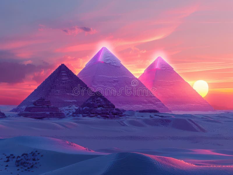 Illuminated Pyramids at Sunset in Desert Landscape Stock Illustration ...