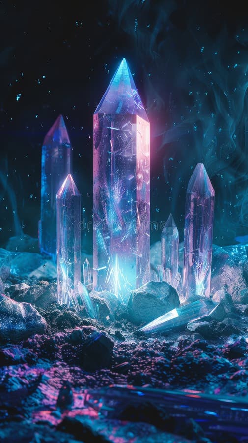 Illuminated Quartz Crystals in Mystical Cave Landscape Stock Photo - Image of light, fantasy ...