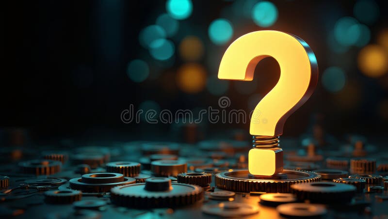 Illuminated Question Mark Symbol Amidst Gears and Cogs in a Dark ...
