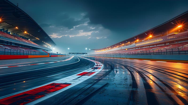 Illuminated Racetrack at Dusk - Serene and Ready for Action. Concept ...