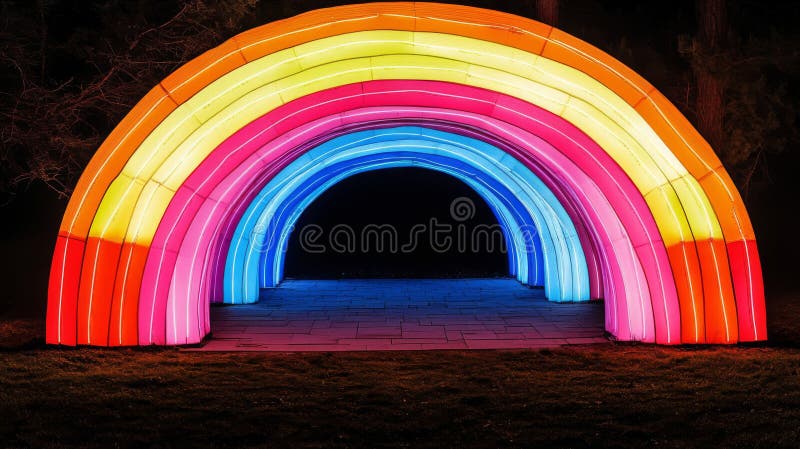 Illuminated Rainbow Archway Nighttime Display Stock Illustration ...