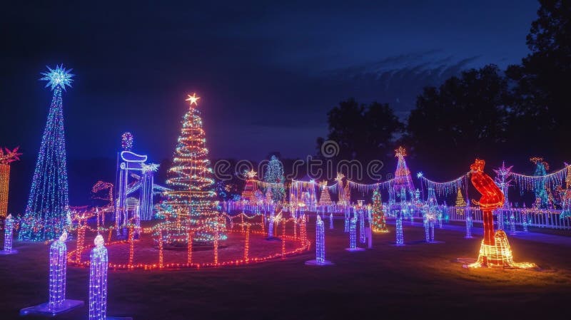 Illuminated Rainbow-Colored Christmas Trees with Star Toppers Stock ...
